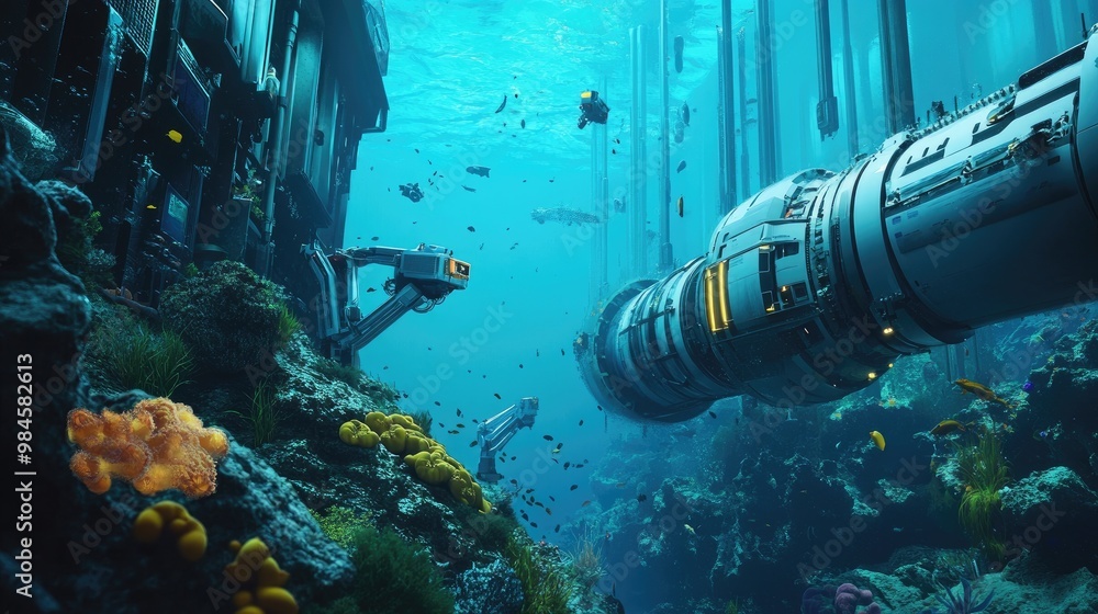 An underwater view of a submarine cable station, where the cable meets ...