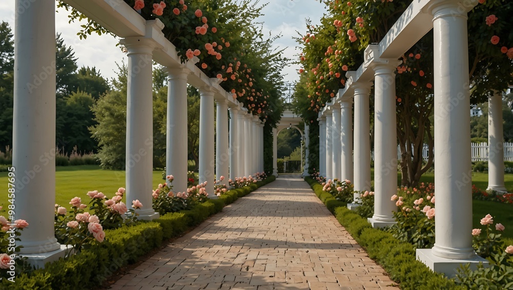 Pathway lined with white columns and rose bushes creating a floral ...