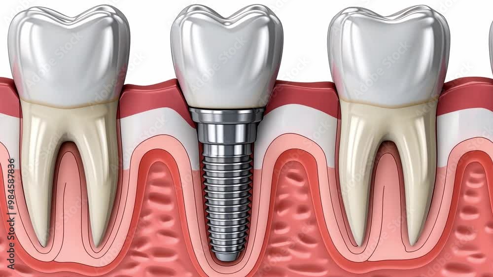 Human dentura anatomy showing healthy teeth and a dental implant, with ...
