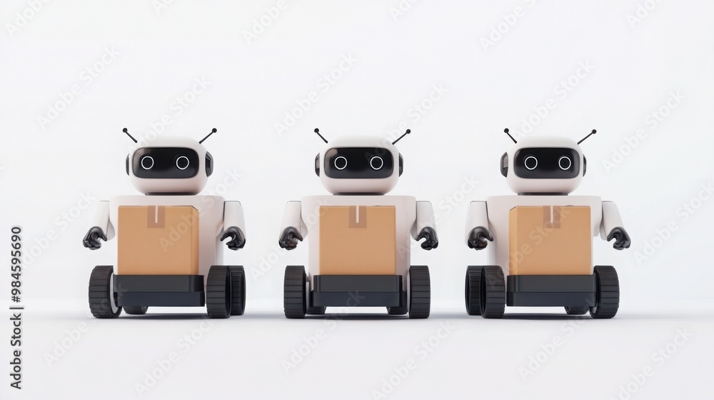 Three cute robot figures with boxes on rolling bases, set against a ...