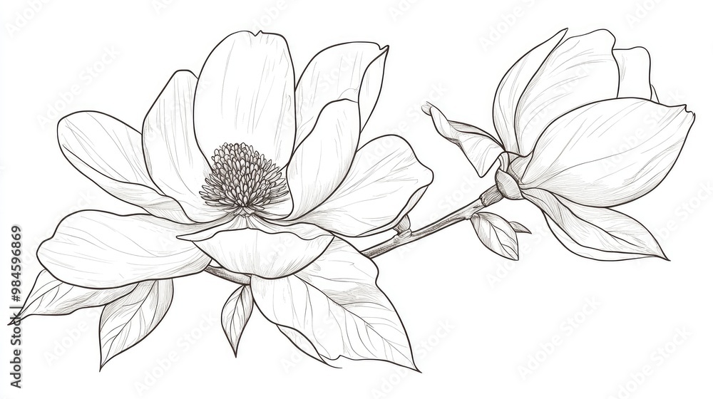Magnolia Line Art Illustration Floral Outline Drawing Flower Coloring ...