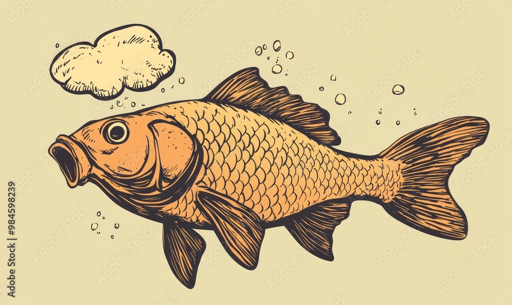 Cartoon illustration of a smelly fish with a thought bubble in a line ...