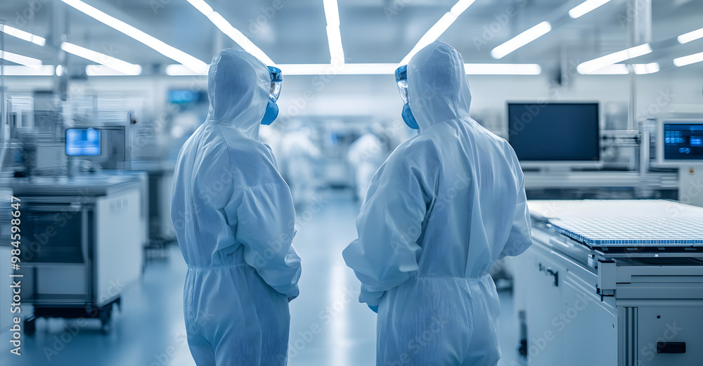 Futuristic lab scene, duo in hazmat suits at work amidst tech. Stock ...