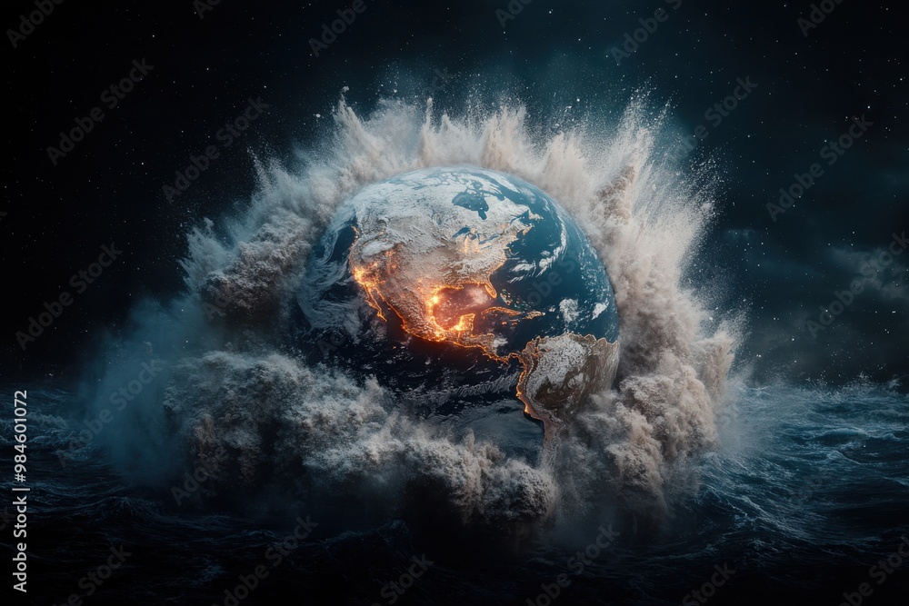 The planet Earth is depicted amidst a gigantic explosion of water in ...