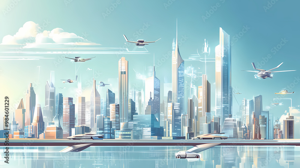 A futuristic city skyline featuring towering glass buildings, flying ...