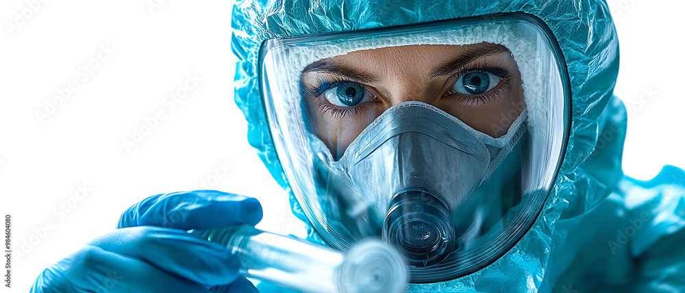 Biohazardsuited scientist holding a containment tube, isolated on white ...