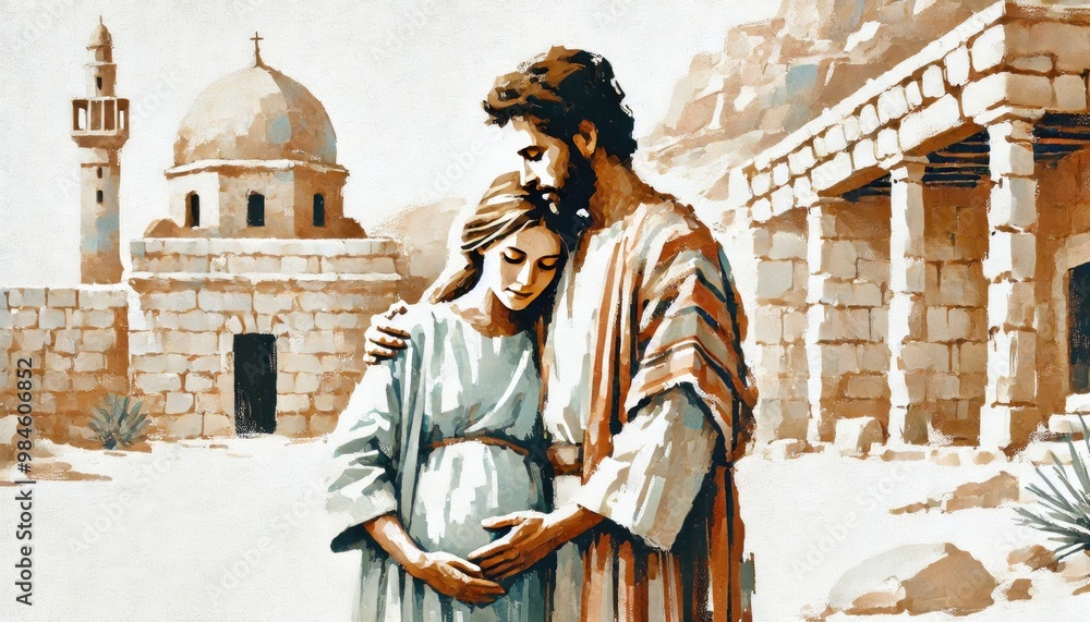 Mother Mary and Joseph. The Holy Family. Pregnant woman and her husband ...