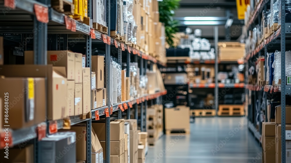 Un pasillo de almacén lleno de cajas de cartón apiladas en estanterías ...