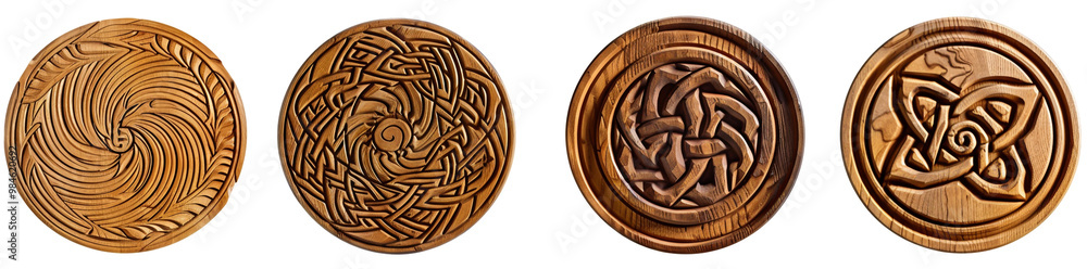 4 designs of Celtic wood carvings, featuring circular shapes, clog ...