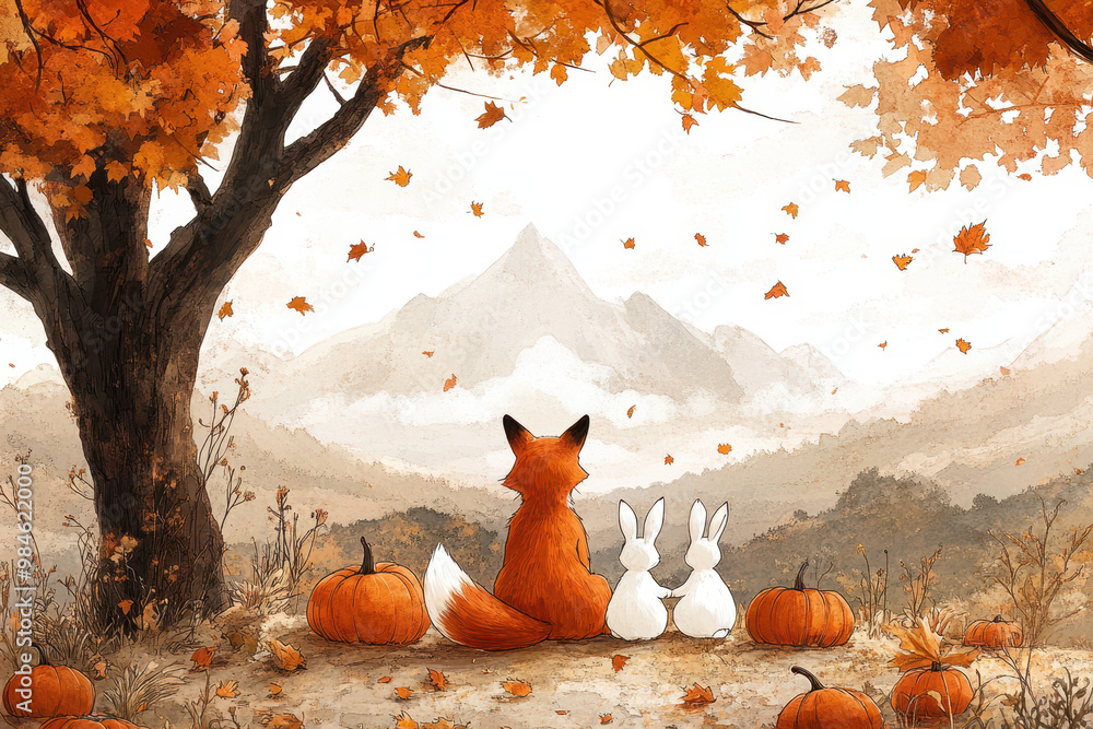The fox and the rabbit sat under an old tree, surrounded by pumpkins ...