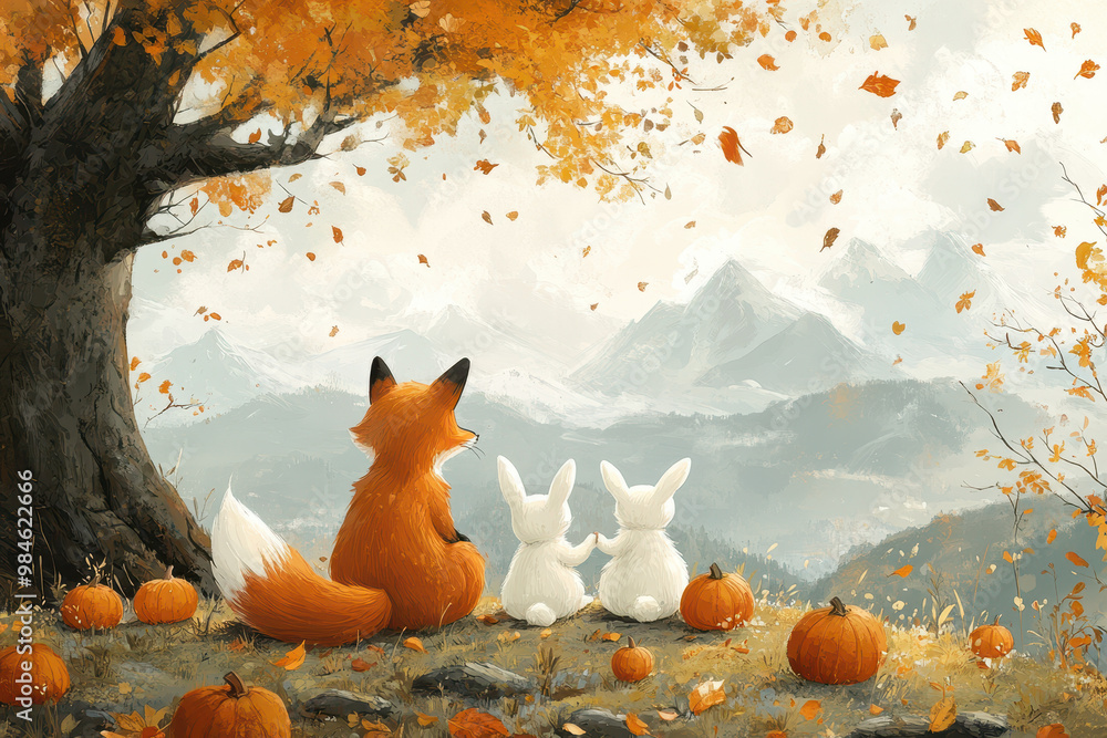 The fox and the rabbit sat under an old tree, surrounded by pumpkins ...