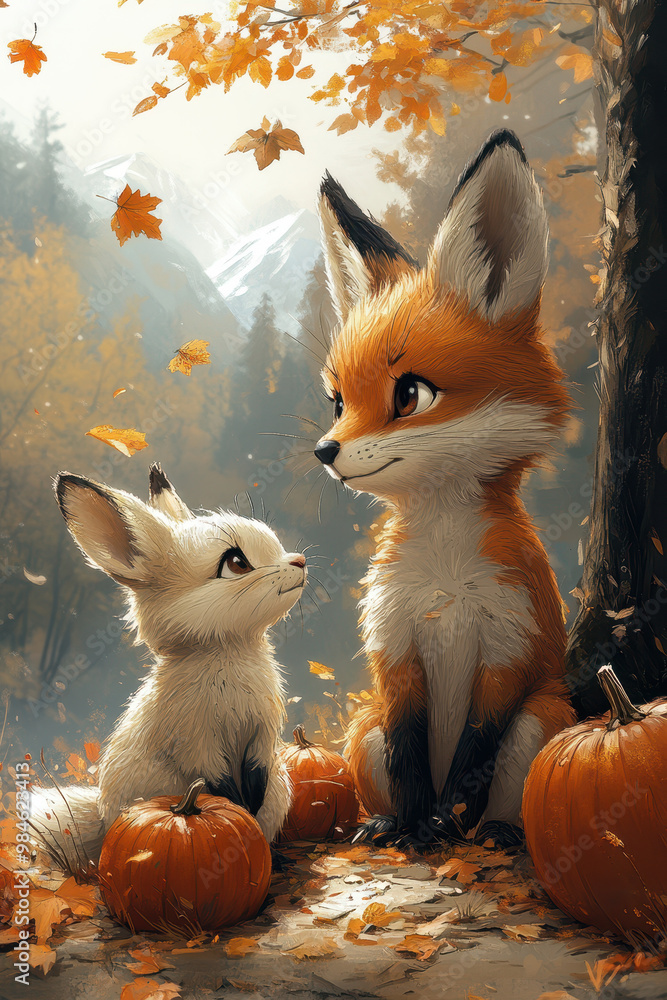 The fox and the rabbit sat under an old tree, surrounded by pumpkins ...