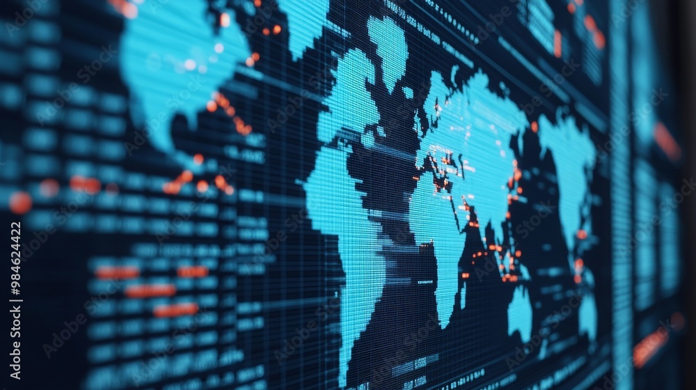 A detailed digital map of the world displaying vibrant blue continents ...