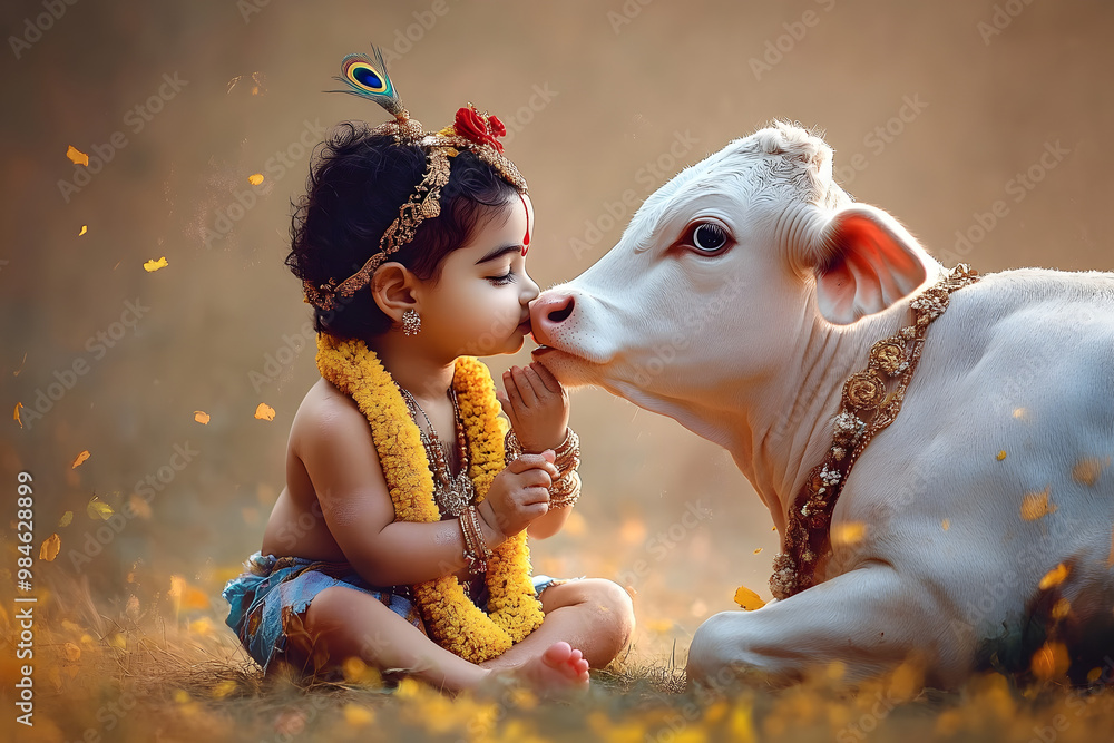 This cute little Krishna is with the revered cow, a devotional event ...