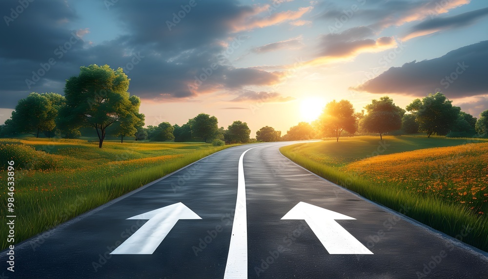 Symbolic crossroads on an asphalt road with a direction arrow ...