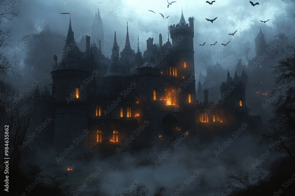 Gothic fantasy castle complex at night, with ominous-looking towers and ...