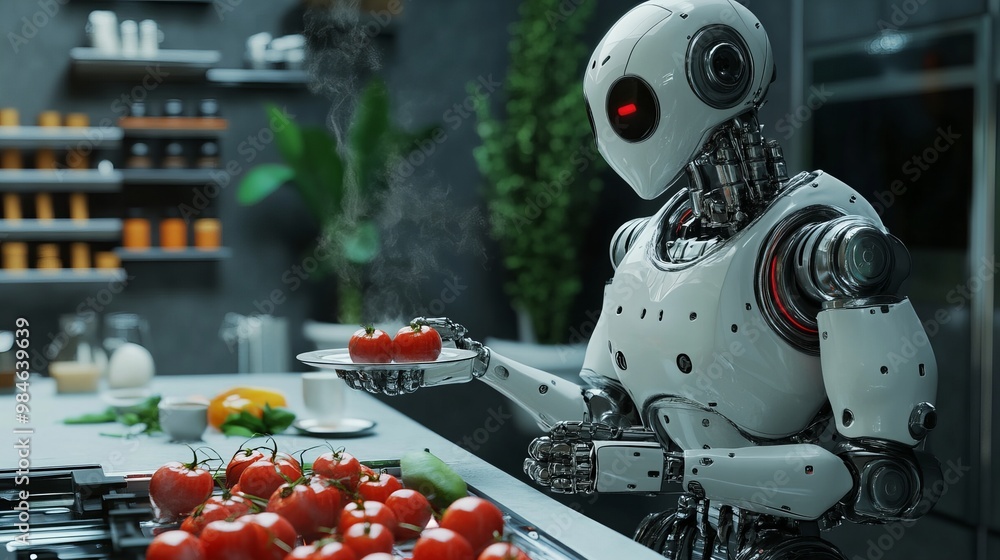 android robot cooking in the kitchen, concept of ai technology of the ...