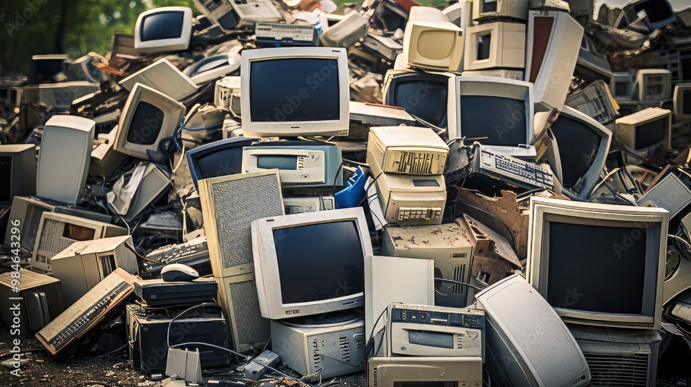 Electronic waste, a large pile of unwanted computer monitors and TV ...