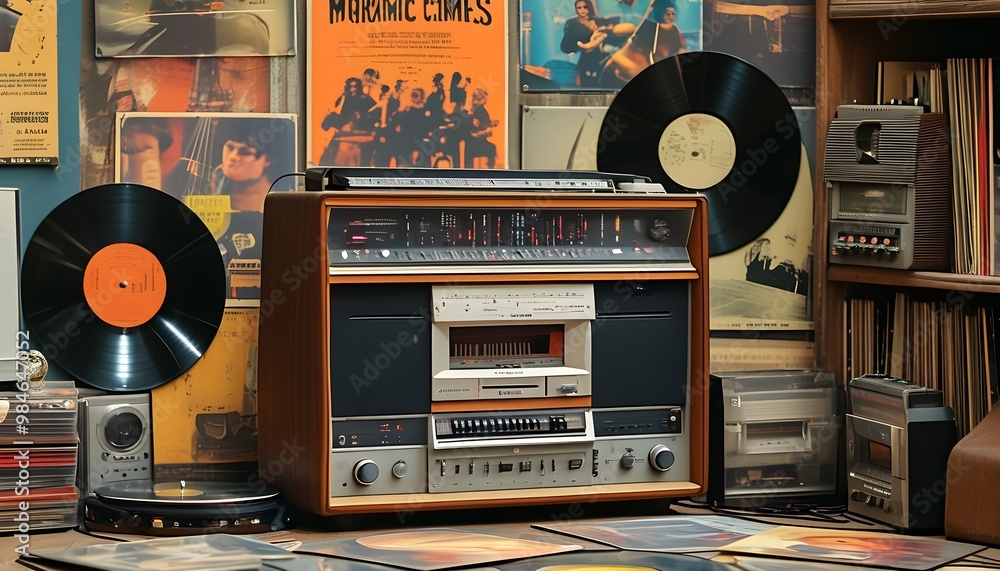 Nostalgic music corner featuring a retro tape player, surrounded by ...
