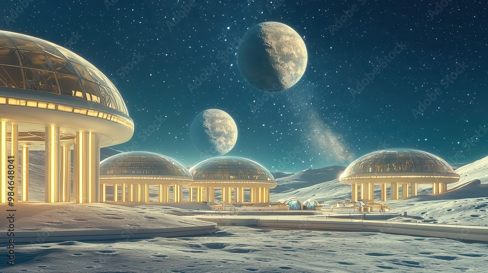 Futuristic moon base featuring floating structures anchored to the ...