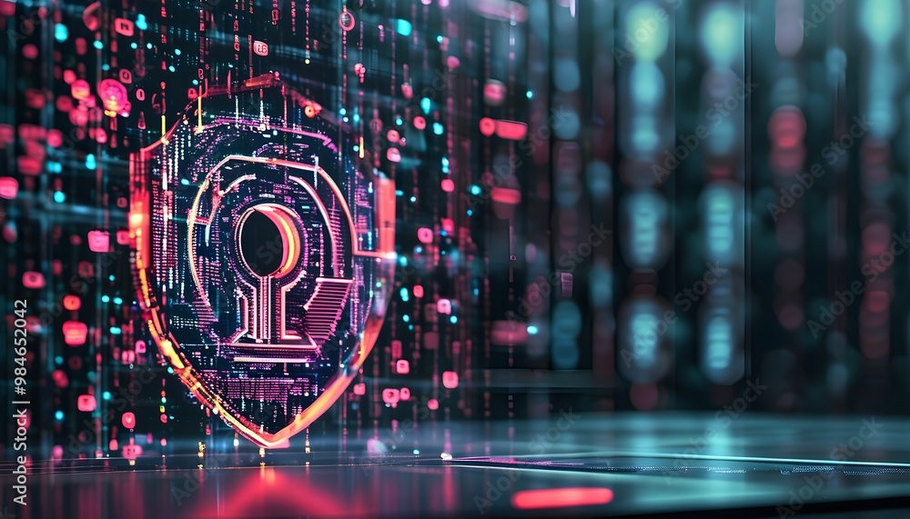 Futuristic digital key symbol over abstract binary code backdrop ...