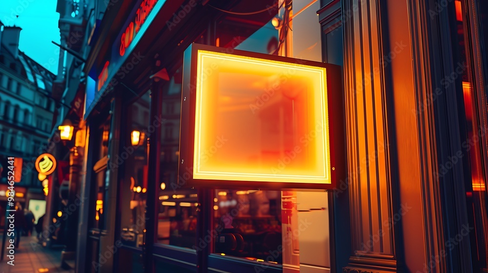 Square lightbox sign illuminated outside a shop facade, showcasing ...