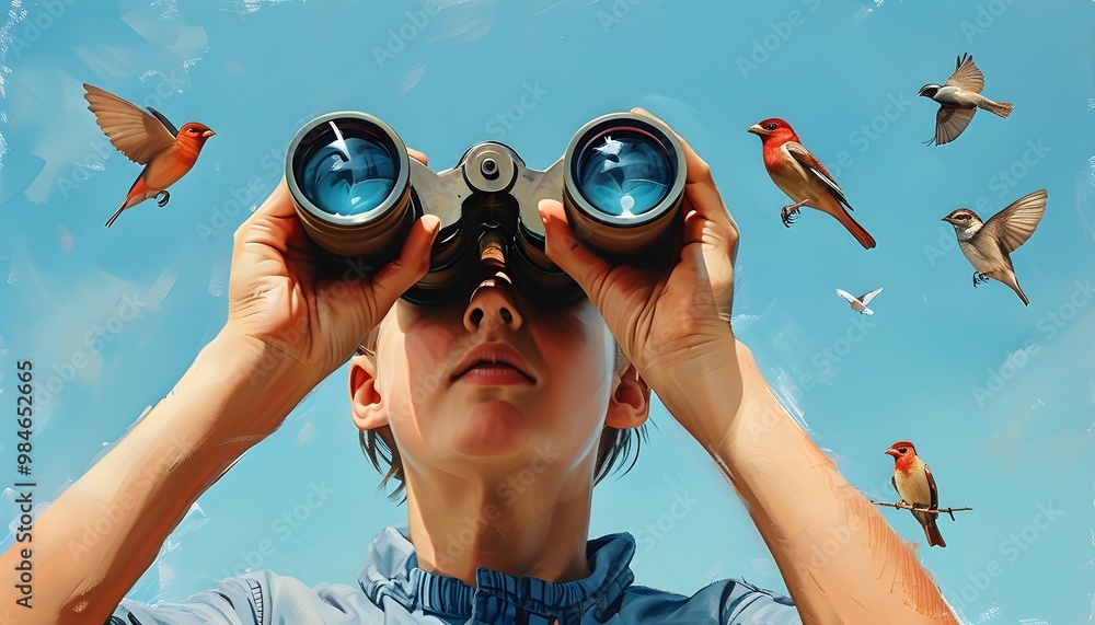 Adventurous man birdwatching under a clear blue sky, exploring nature ...