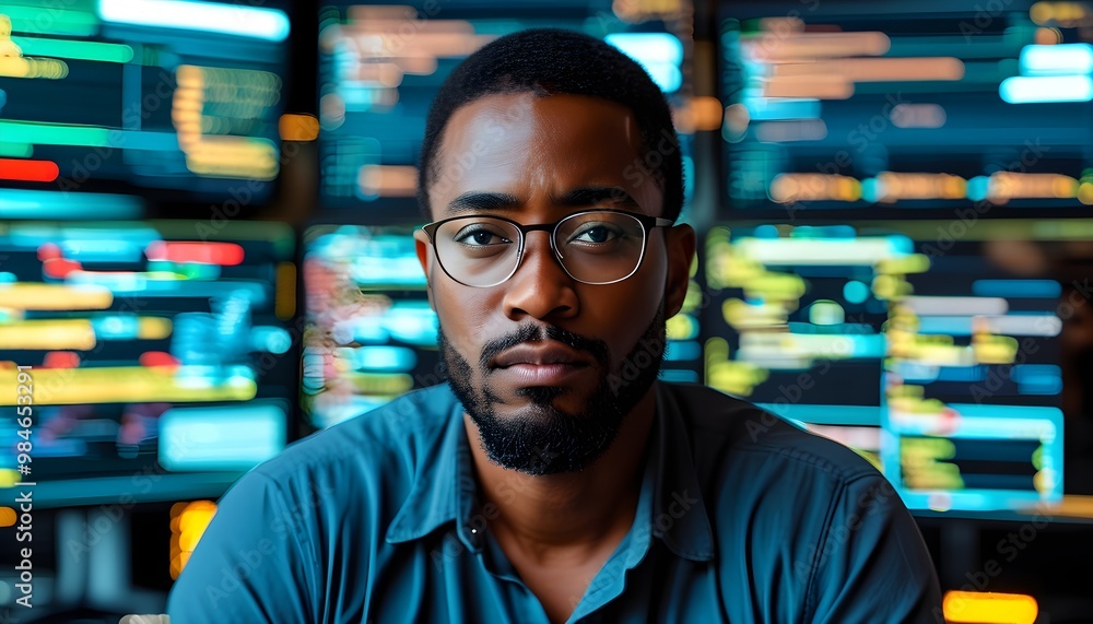 African American expert overseeing multiple screens in command center ...