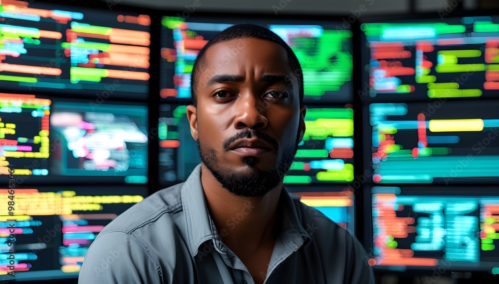 African American expert overseeing multiple screens in command center ...