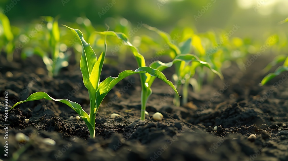 Young corn seedlings growing in the soil at sunlight. Close up. Stock ...