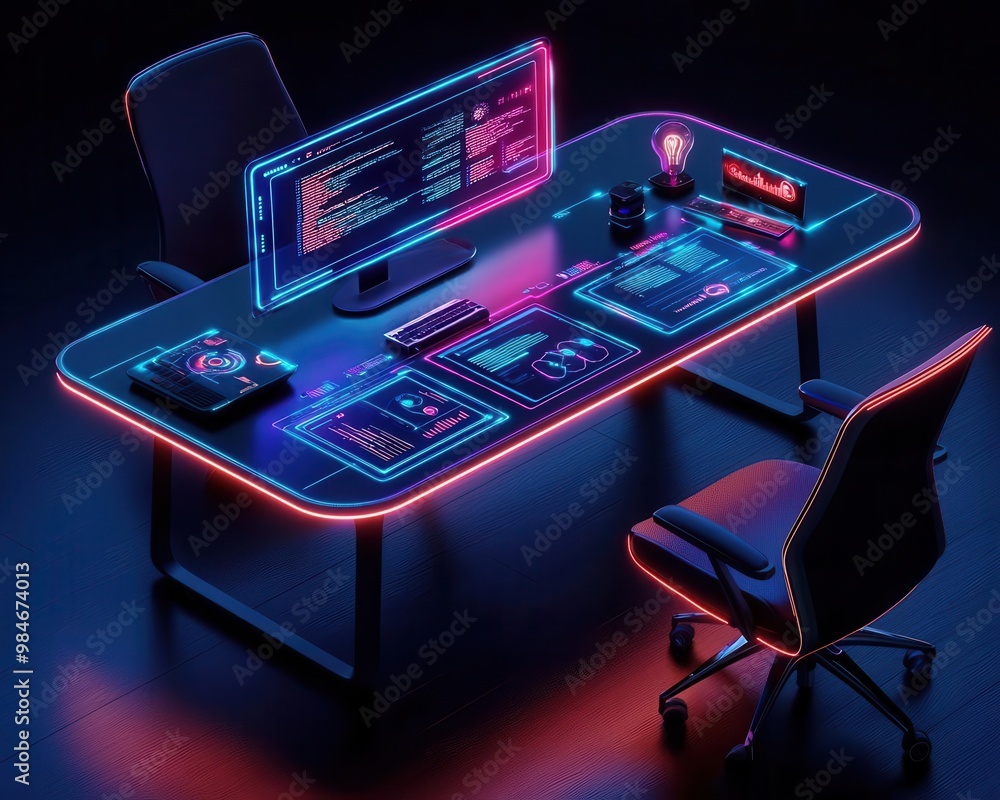 Office desk with holographic reports and digital assistants interacting ...