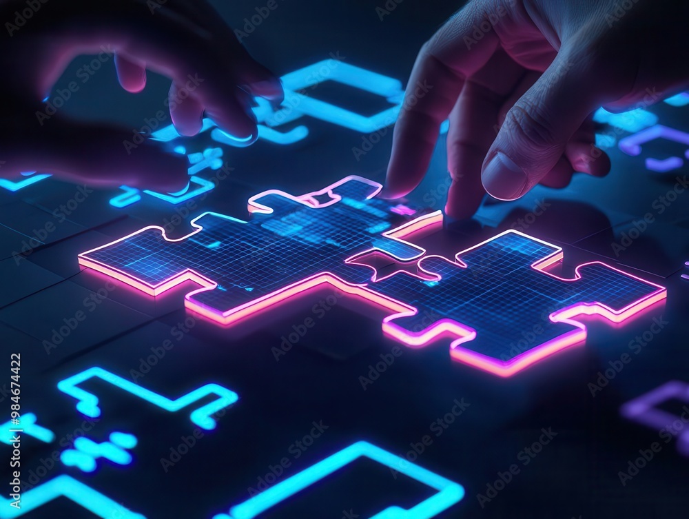 Digital puzzle being solved by various professionals on a virtual ...