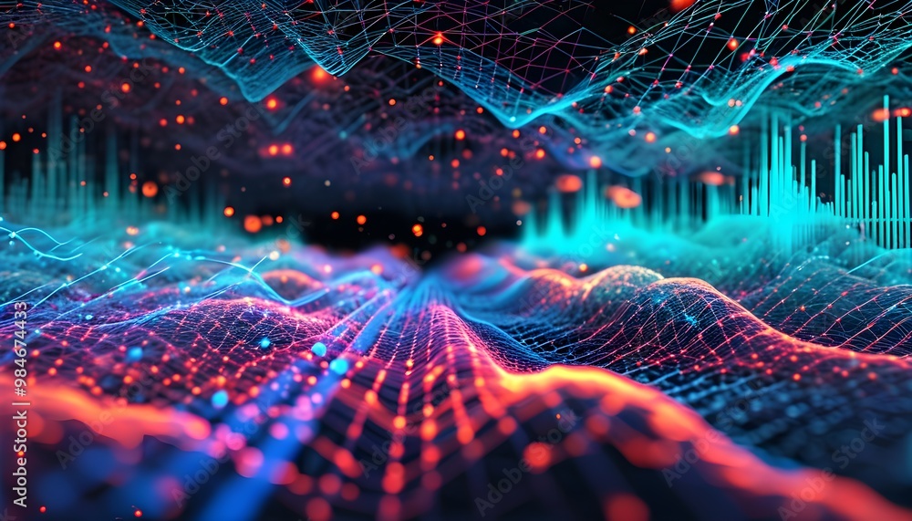 Abstract technology art featuring interconnected networks and sound ...