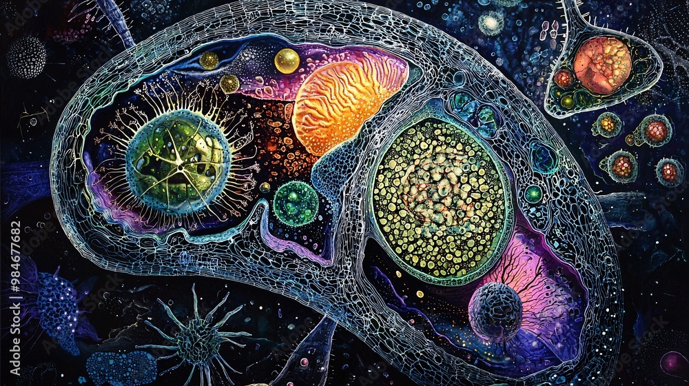 Cross-sectional view of a plant cell showing its nucleus and ...