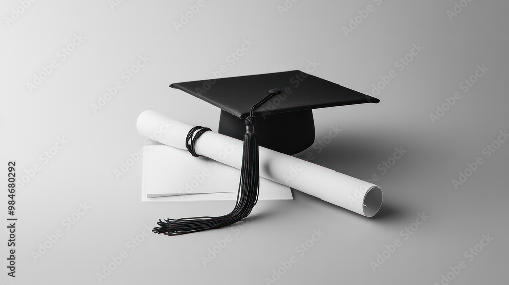 Minimalist design of a graduation cap and diploma, simple lines and ...