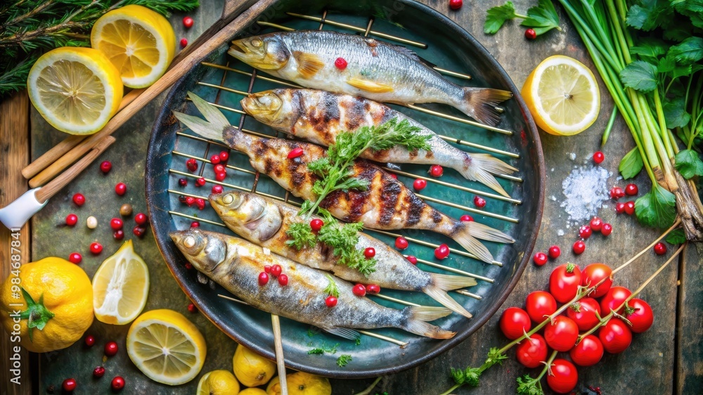 top flat view A rustic outdoor setting with a grill and skewers of fish ...