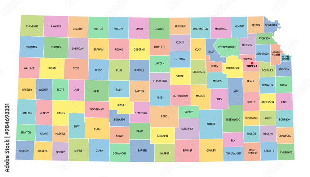 Kansas, U.S. state, subdivided into 105 counties, multi colored ...