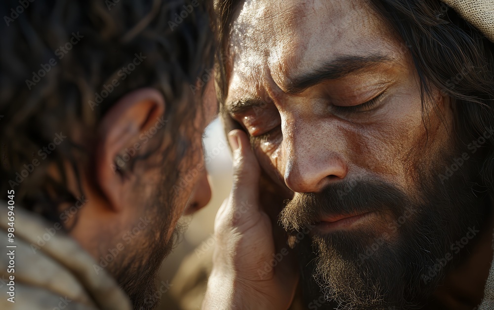 Jesus Christ gently touches the eyes of a man, illustrating the ...