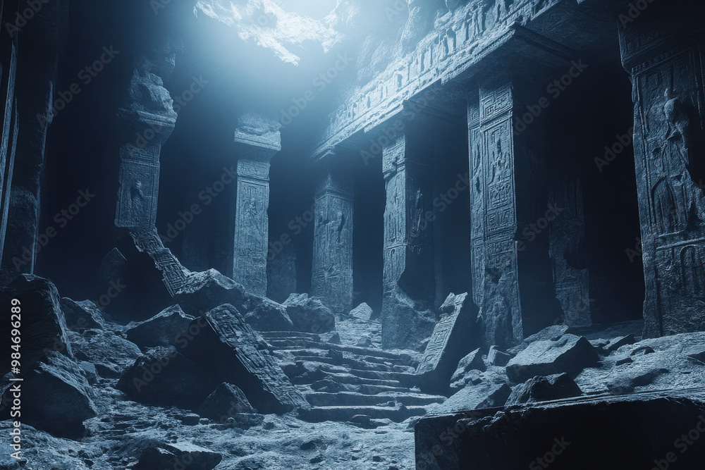 Ancient ruins illuminated by ethereal light in a mysterious underground ...