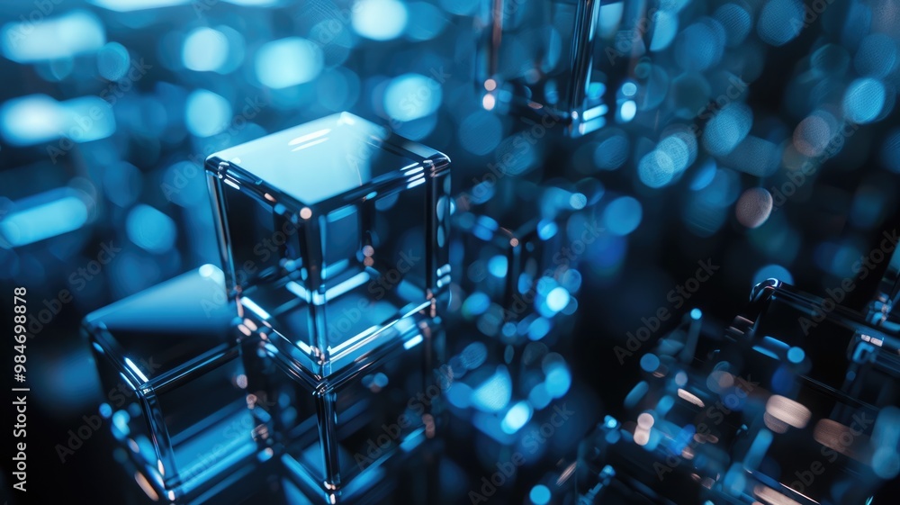 Abstract digital art with blue glowing cube and particles. Digital ...