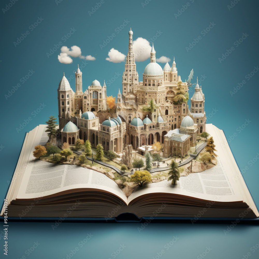 Imagine an image of a huge book floating in the air and open in the ...