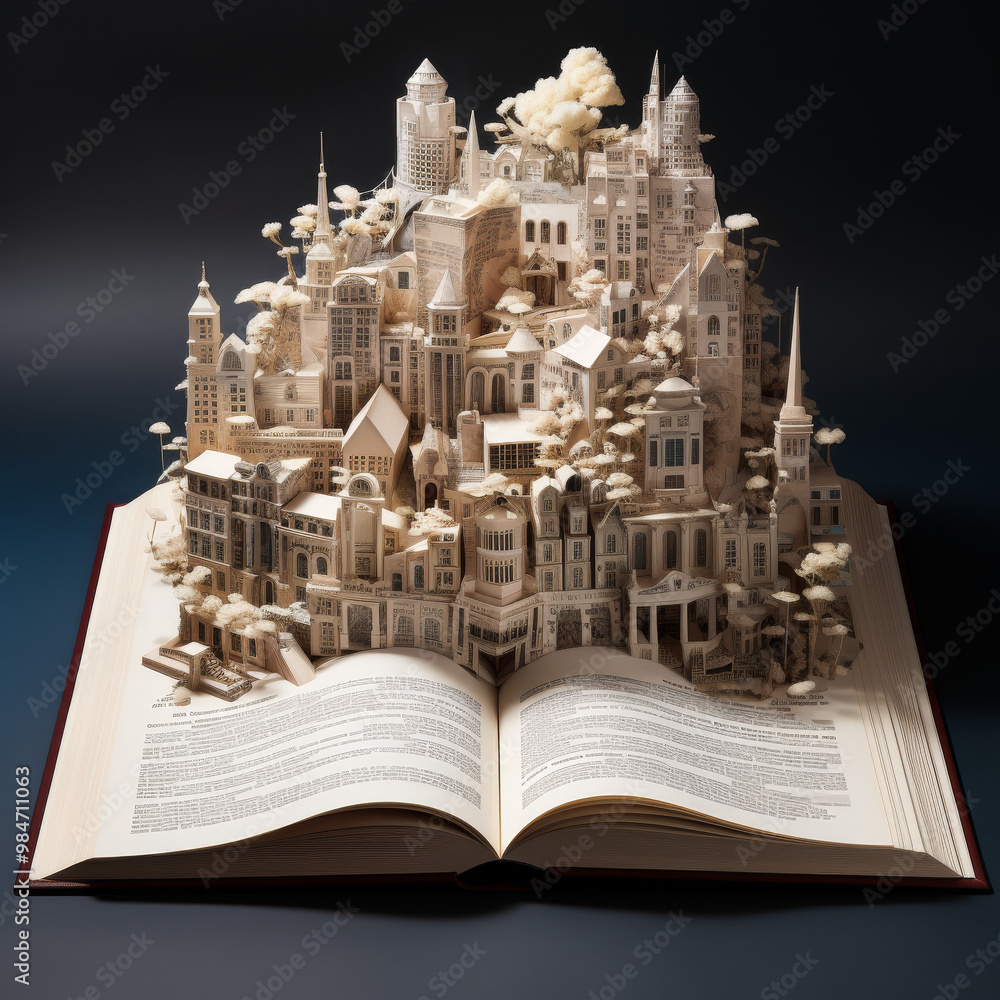 image of a huge book floating in the air and open in the middle. Each ...