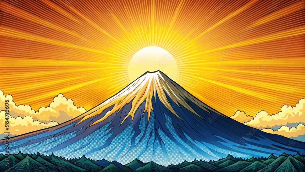 Sun overlooking Mount Fuji and other mountains in Japan, in a comic ...