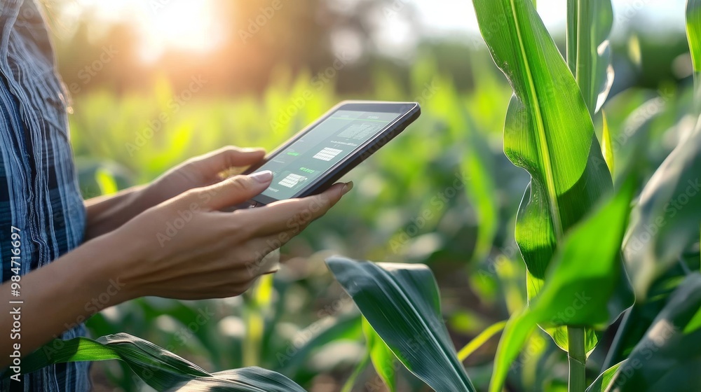 Blurred image. Farmers use tablets to analyze data and experiment with ...