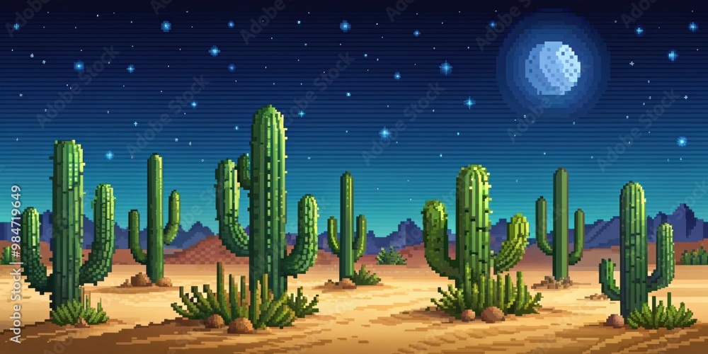 Pixel art desert night scene with cacti, 8-bit background, pixel art ...