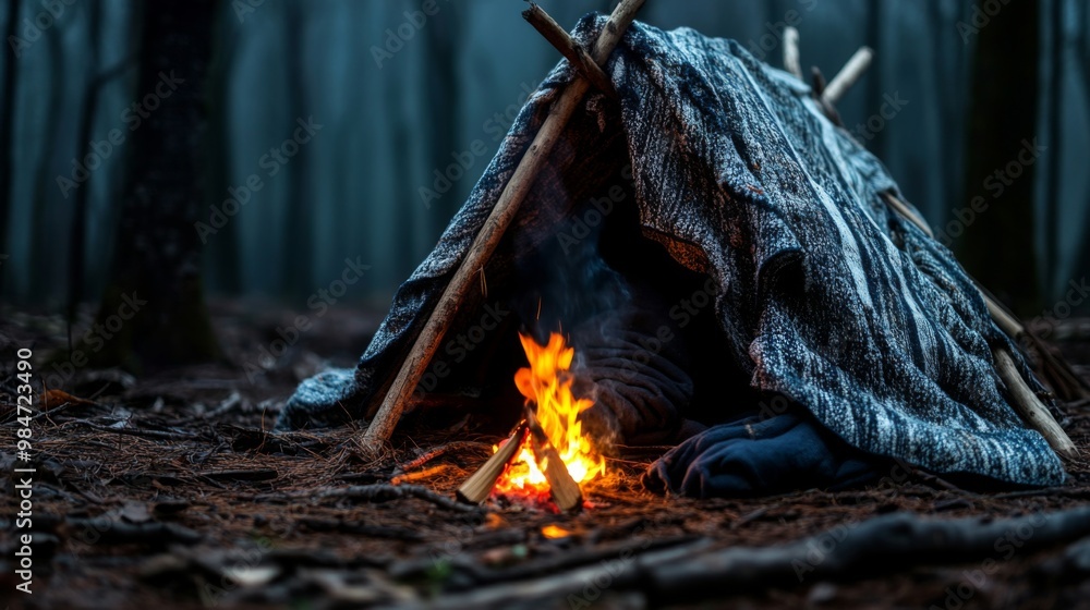 Cozy nighttime campfire in a forest, with a makeshift shelter made of ...