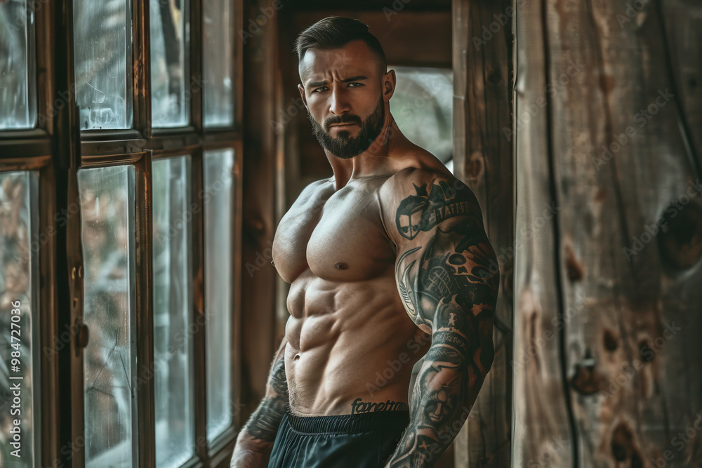 Foto de Bodybuilder flexing chest muscles, showcasing barechested torso ...