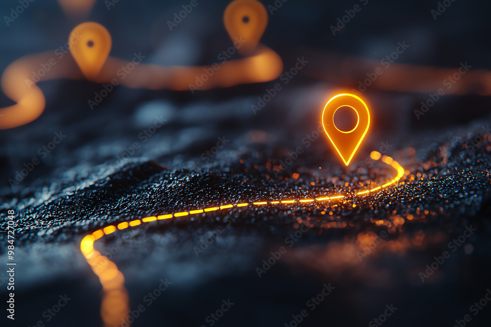 Abstract glowing pathway in a dark landscape, with floating timeline ...