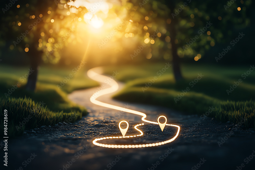 Creative roadmap along a scenic path with trees and markers showing stages of personal growth ...