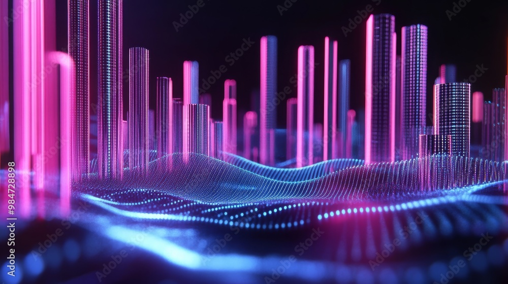 Vibrant neon waves visualizing sound and data within an immersive ...